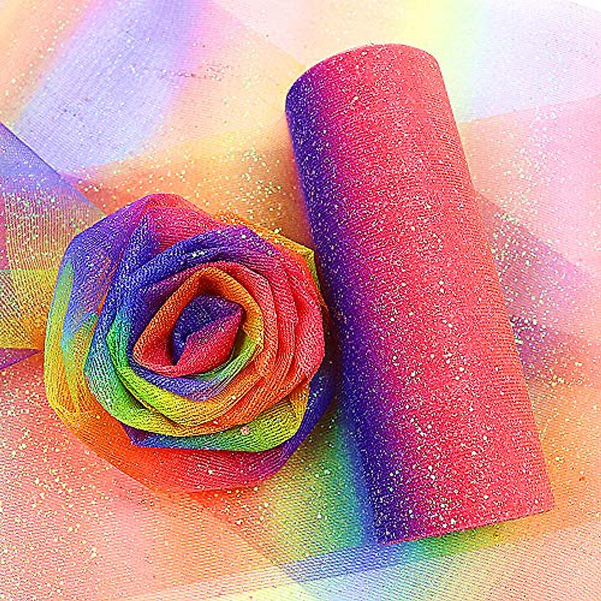 Yuanchuan Rainbow Glitter Tulle Rolls 6 inch x 10 Yards (30 feet) for Table Runner Chair Sash Bow Pet Tutu Skirt Sewing Crafting Fabric Wedding Birthday Ribbon (Rainbow Red)
