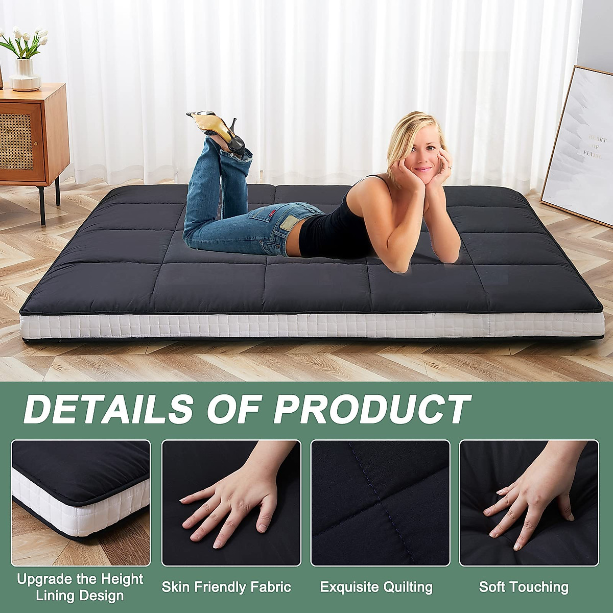 LILYPELLE Japanese Floor Mattress Futon Mattress, Foldable Mattress, Roll Up Mattress Sleeping Tatami Mat Floor Lounger Guest Bed, Easy to Store and Portable for Camping Couch, Twin Full Queen