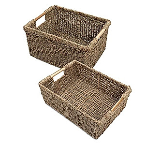 Large Wicker Storage Basket with Wooden Handles, Seagrass Baskets for Shelves, Natural Basket with Handle