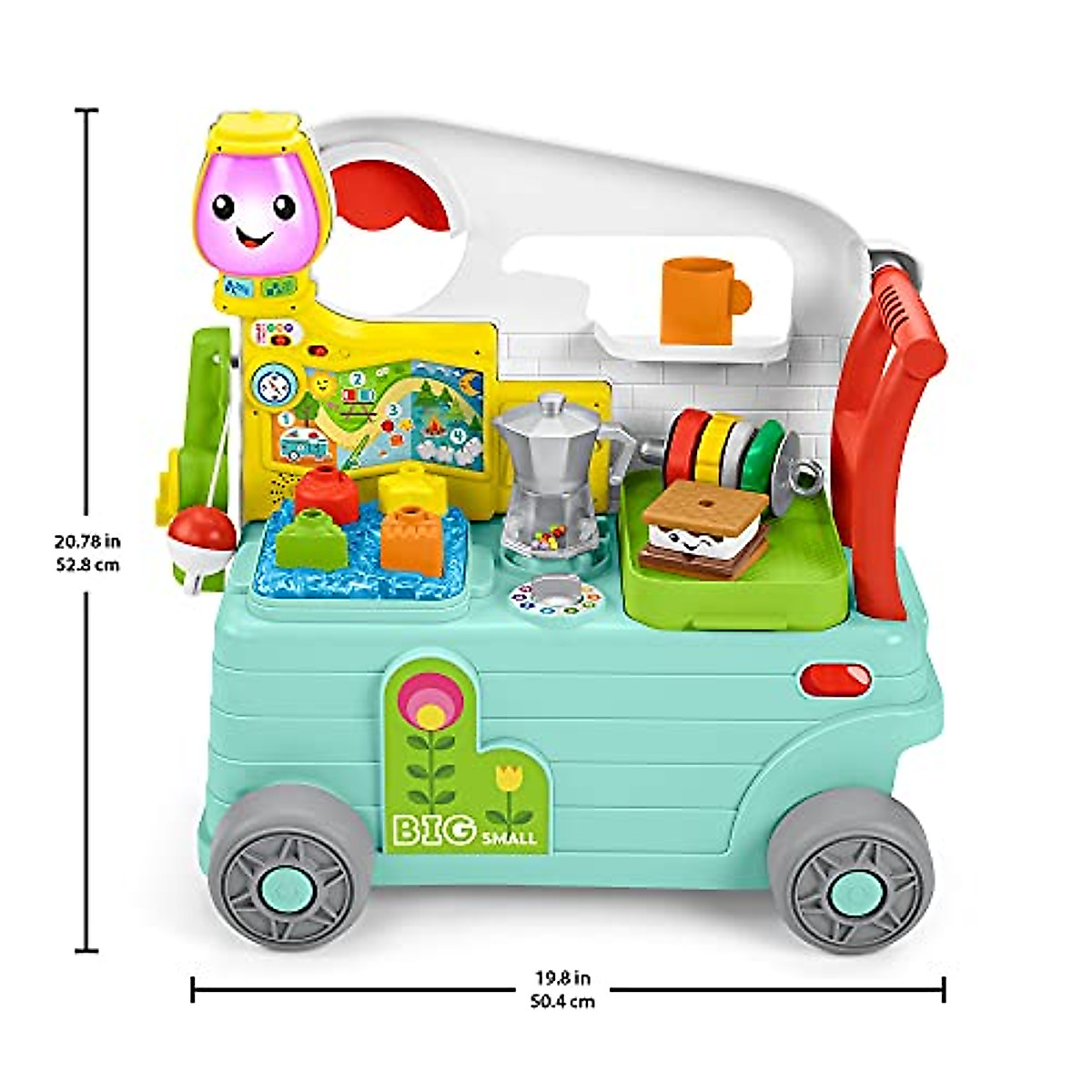 Fisher-Price HCK56​​ Laugh & Learn 3-in-1 On-The-Go Camper - UK English Edition, Musical Push-Along Walker and Activity Center for Infants and Toddlers, Multicolor, 52.8 cm*34.5 cm*50.4 cm