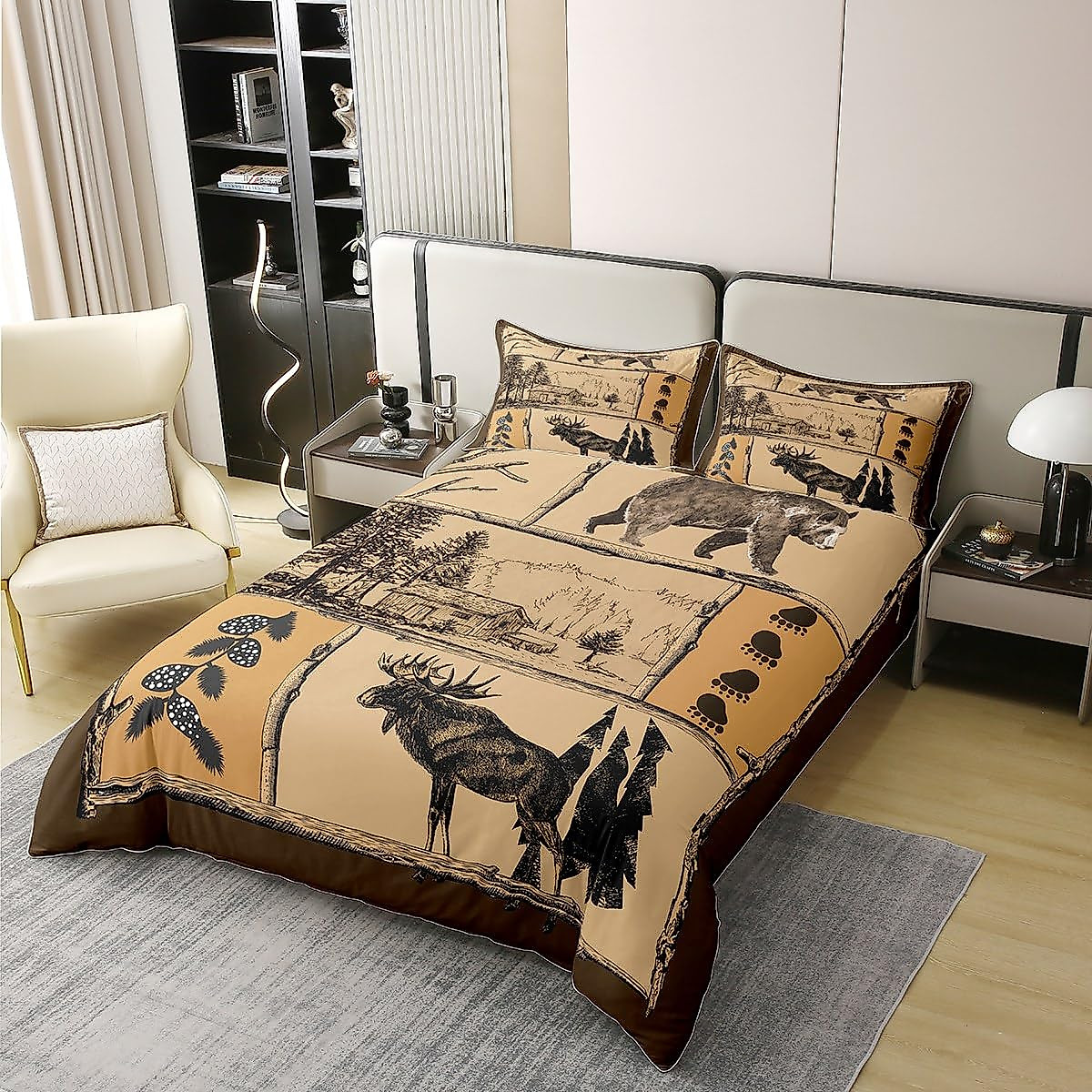jejeloiu Bear Bedding 100% Cotton Set Rustic Farmhouse Cabin Moose Duvet Cover 100% Cotton Retro Wildlife Cover for Children Bedroom Decor Vintage Bear Paw Duvet Set King Size Zipper with Pillow Case