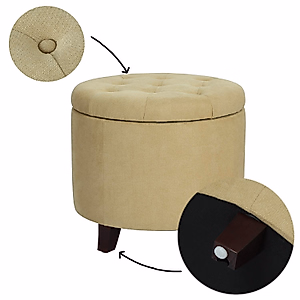 Adeco Fabric Cushion Round Button Tufted Lift Top Storage Footstool, Height 17 Inches Ottomans & Storage Ottomans, Flax Yellow