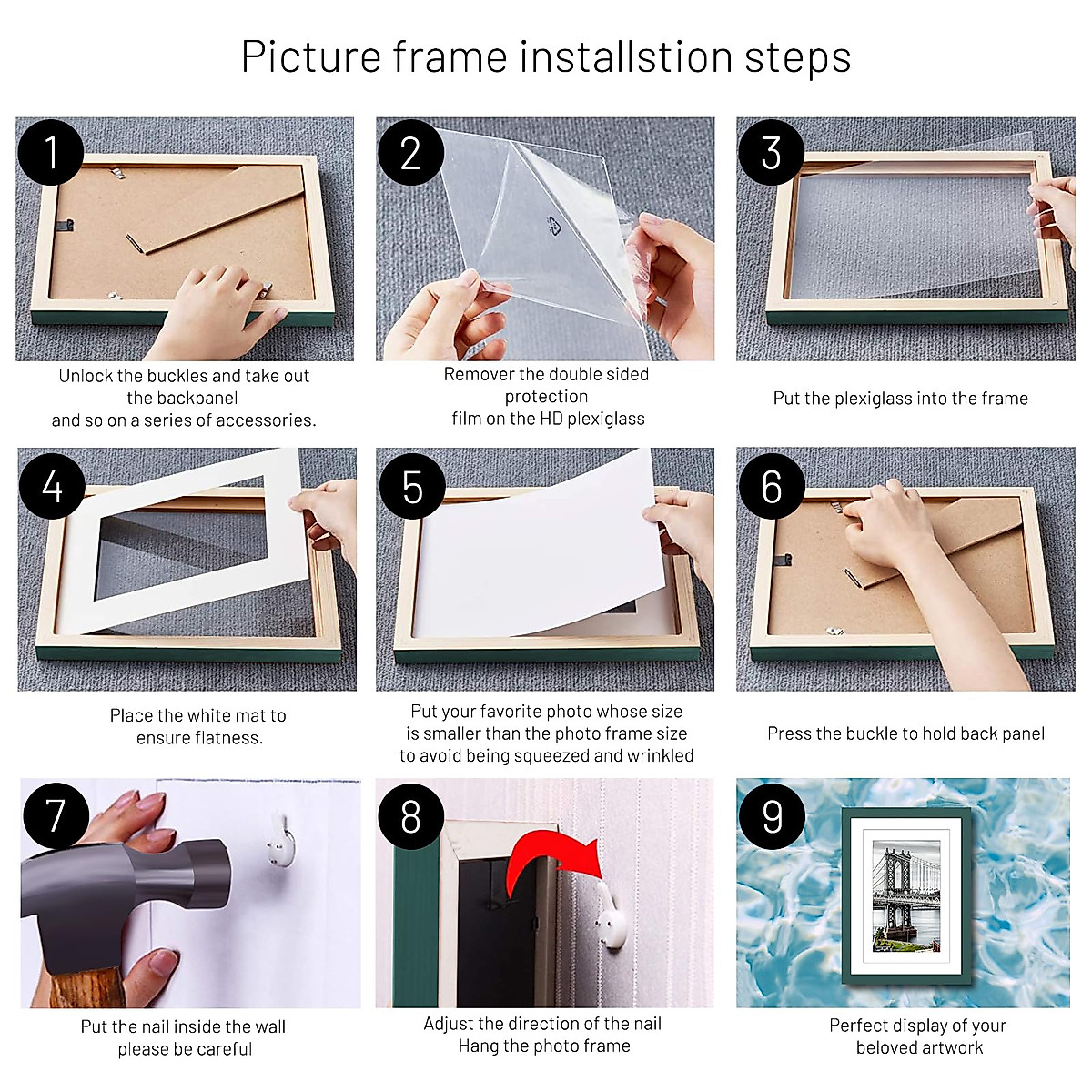 UHFWIFR 11x14 Picture Frames Solid Wood Display Pictures 9x12 or 8x10 with Mat or 11x14 Frame without Mat Poster Photo Frame Art with 2 Mats for Wall Mounting or Table Top(Dark Green)
