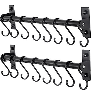 Dseap Kitchen Utensil Holder Hanger, Pot and Pan Rack wall mounted, Kitchen Rail with 8 Hooks for Hanging Cooking Utensils, Mugs, Spoons, Wall Mounted, Black, Pack of 2