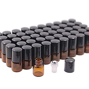 USRommaner 50 Pack 1ml Amber Glass Vials Roll On Bottle,Glass Roller Bottle With Stainless Steel Roller Ball,Black Cap Lid-Perfect Sample For Essential Oils,Aromatherapy,No Leak,Free Opener&Dropper