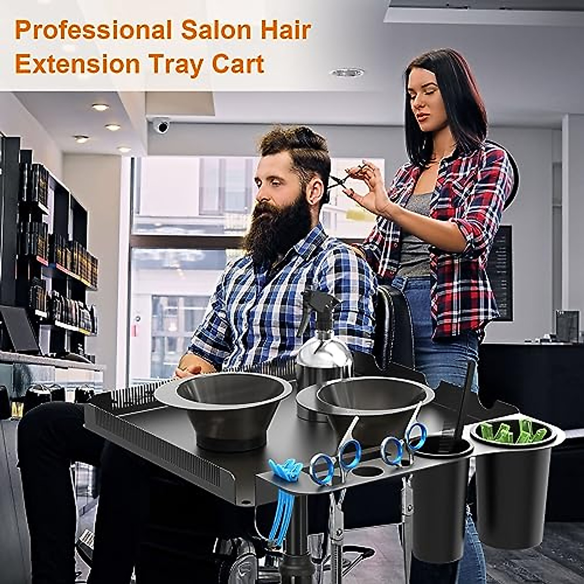 JOSTZHXIN Salon Rolling Tray with 2 Magnetic Bowls, Hair Extension Tool Cart for Hairdressers, Professional Color Tray Trolley for Home Use