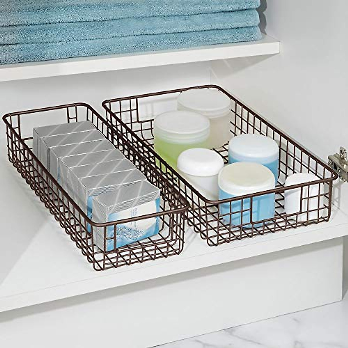 mDesign Metal Wire Bathroom Storage Shallow Bin Basket - Holder Tray for Organizing Cabinets, Shelves, Closets, Countertops - Concerto Collection - Bronze