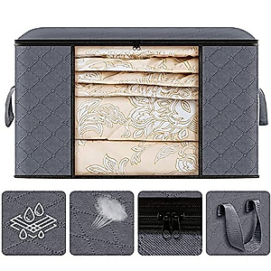 Clothes Storage Bins, Foldable Blanket Storage Bags with Lids & Handle, Closet or Underbed Organizer Containers, Grey, 90L, 3 PCS