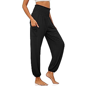 UEU Women's Casual Loose Harem Yoga Pants Elastic High Waist Lounge Comfy Pajama with Pockets(Black, M)