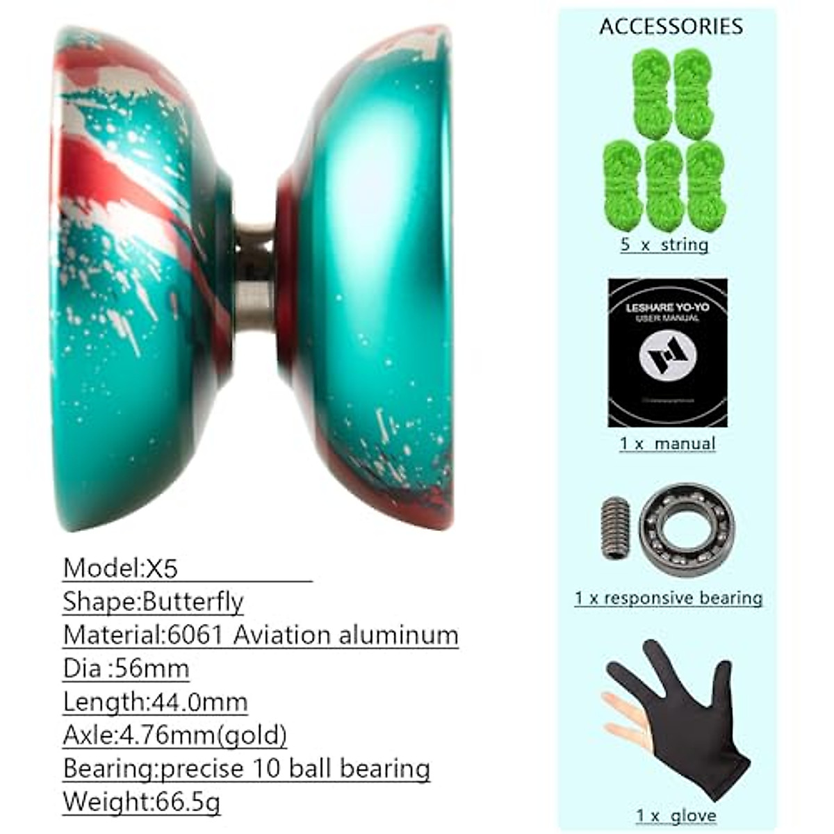 Professional Responsive Yoyo, Christmas Aluminum Yo Yo for Kids Beginner, Replacement Unresponsive Ball Bearing for Advanced Yoyo Players + 1 Glove + 5 Yoyo Strings (Christmas Red-Green)