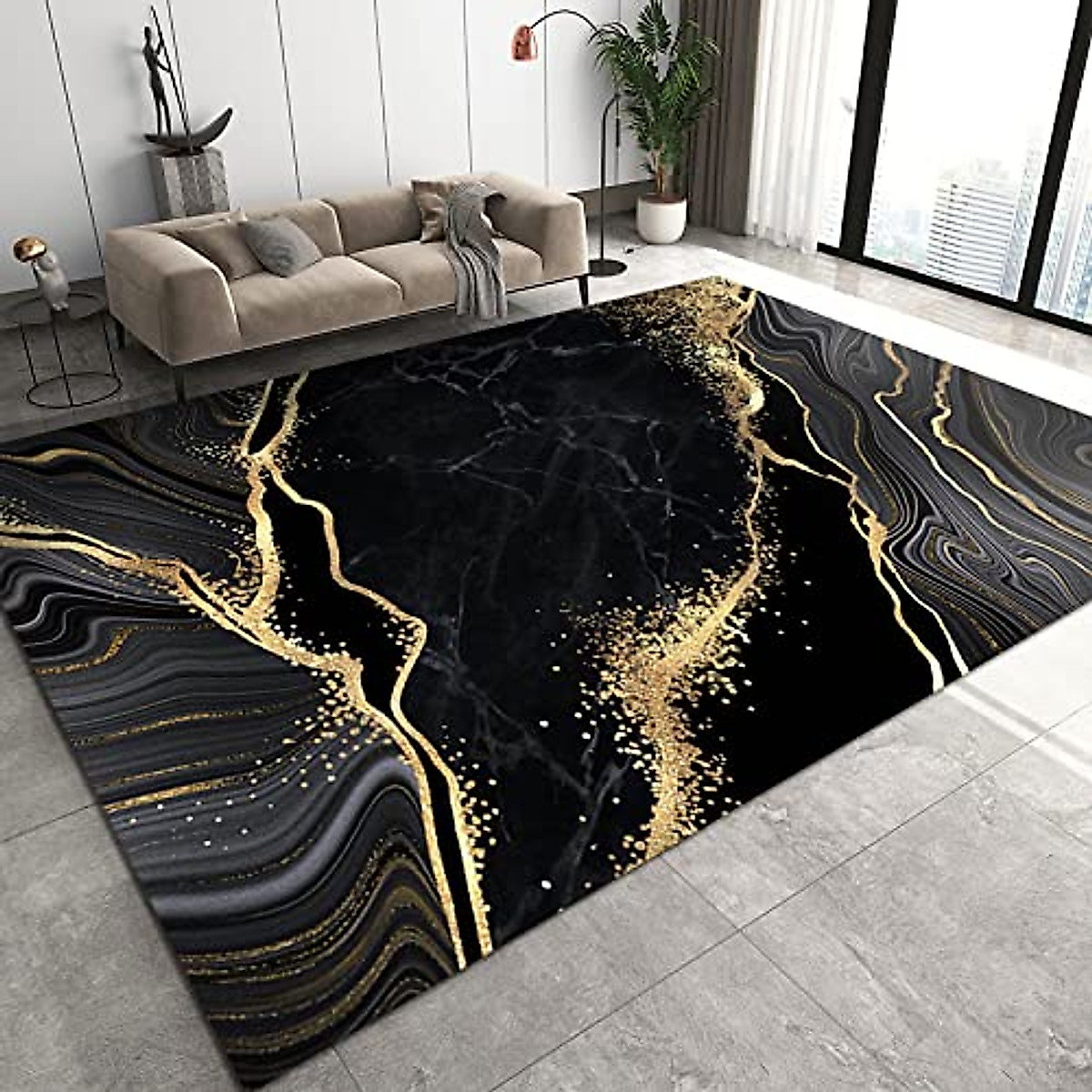 Luxury Black Gold Marble Area Rug, Abstract Night Sky Grey Line Art Indoor Rugs, Non-Slip Machine Washable Carpet for Living Room Bedroom Apartment Home Decor - 6 ft x 4 ft