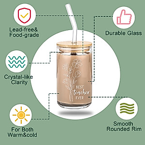 Skylety 1 Set 16 oz Teacher Glass Cups with Lids and Straws Drinking Glasses Tumbler Can Shaped Glass Coffee Cups Thank You Teacher Appreciation Gift Quotes Sign Mug Bottle for Beer Water Tea