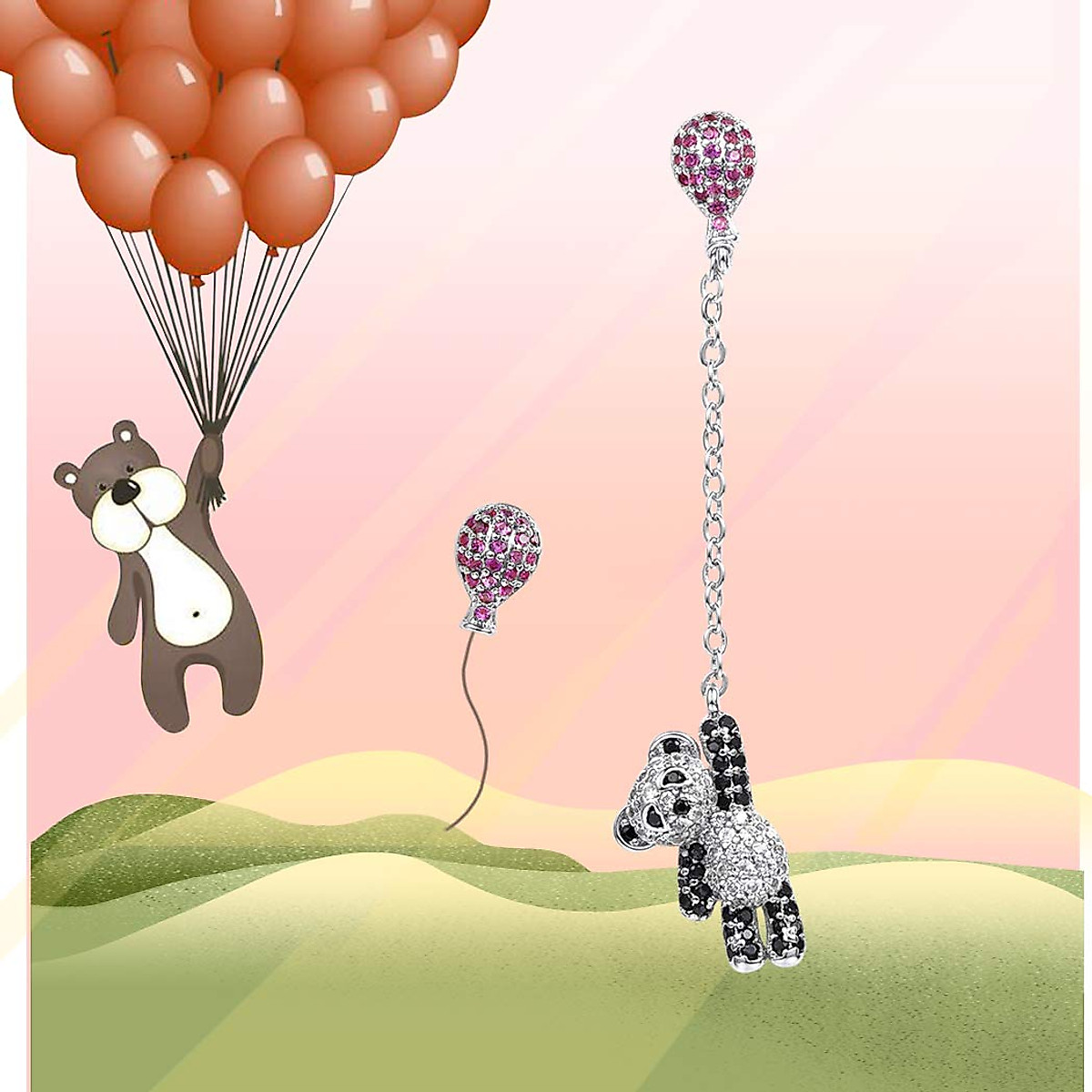 Suplight Asymmetrical Earrings Cubic Zirconia Bear Ballon Mismatch Stud Dangle Earrings for Women