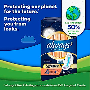 Always Ultra Thin Feminine Pads For Women, Size 4 Overnight Absorbency, Multipack, With Wings, Unscented, 50 Count (Pack of 3), 150 Count Total