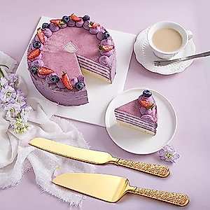 Dicunoy 2 PCS Gold Cake Knife and Server Set, Wedding Cake Cutting Utensils, Vintage Engraved Cake Cutter and Serving Spatula for Birthday, Party, Anniversary