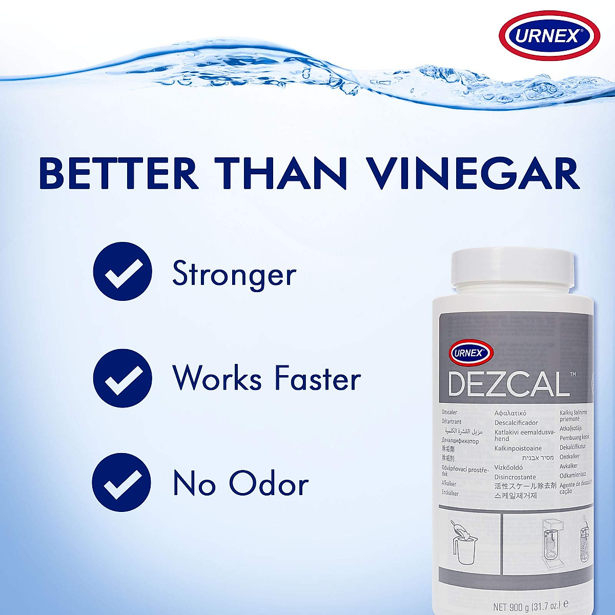 Urnex Dezcal Coffee and Espresso Machine Descaler Activated Scale Remover - 900g Bottle - Fast Effective Descaling Of Boilers and Heating Elements Faucets Spray Heads Milk Systems