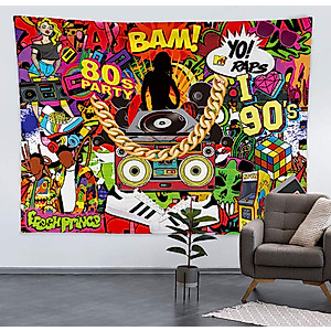 Maijoeyy 7x5ft 80's 90's Backdrop Hip Hop Backdrops for Photography Graffiti Wall I Love The 80S 90S Backdrop for Party Dj Gold Chain 80s 90s Party Decorations 90s backdrops for Photoshoot
