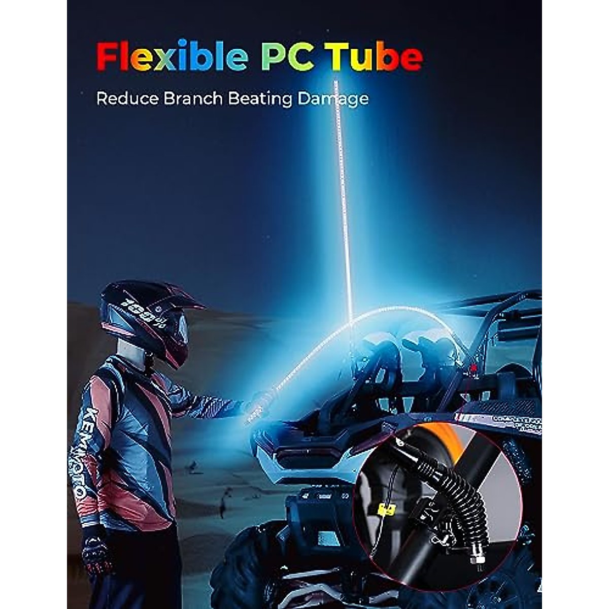 KEMIMOTO 5FT 2PCS LED Whip Lights with Spring Bases for UTV ATV, 22 Modes 21 Colors 5 Brightness 10 Speed IP67 Waterproof Wireless Control, compatible with Can Am Maverick X3 Polaris RZR Kawasaki SxS