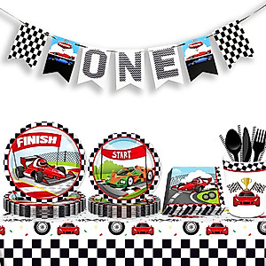 Race Car ONE Highchair Banner 1st Birthday Party Decoration Supplies for Kids Garland Decorations Baby Boy Checkered Pennant Cake Smash Milestone Photo Prop, Multi, 6.5 * 4.5 INCHES Flag