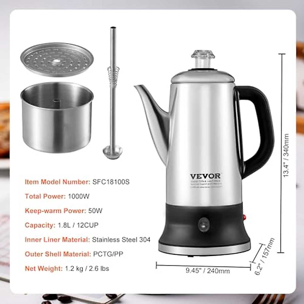 VEVOR Electric Percolator Coffee Pot 12-Cup, 304 Stainless Steel Coffee Percolator, 1000W, Automatic Keep-Warm & Split Power Base