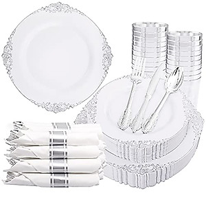 Liacere 350PCS Silver Plastic Plates & Pre Rolled Napkins for 50 Guests, 100 Silver Disposable Plates, 150 Silver Plastic Silverware, 50Cups and 50Napkins for Wedding & Party
