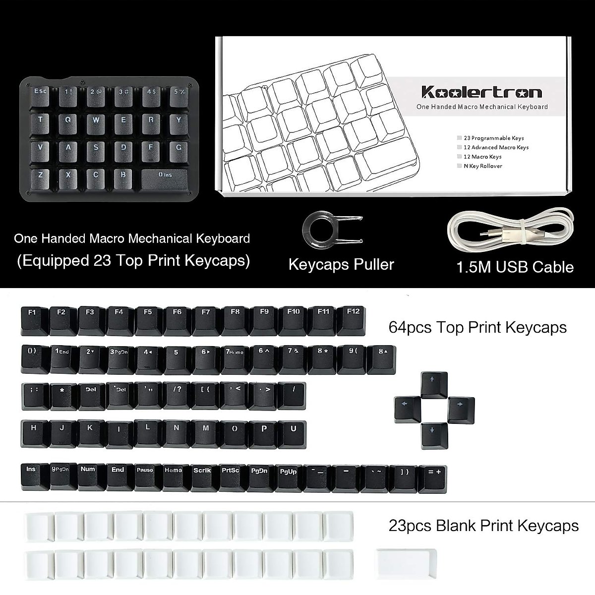 Koolertron One Handed Macro Mechanical Keyboard, Blue LED Backlit Portable Mini One-Handed Mechanical Gaming Keypad 23 Fully Programmable Keys Red Switches (Blue Backlit/Red switches)
