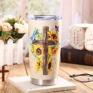 20 oz Stainless Steel Tumbler Christian Gift for Women Religious Inspirational Gifts Faith Vintage Cross Bible Vacuum Insulated Travel Coffee Mug for Women Friend Easter Birthday Gift (Sunflower)