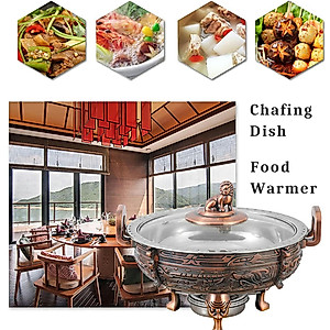 FLTRGO Red Bronze Chafing Dish, Round Buffet Server Trays with Glass Lids and Alcohol Furnace, for Kitchen Buffet Dining Party Wedding Banquet
