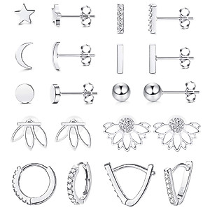 LOYALLOOK 10Pairs Stainless Steel Stud Earring Set Moon Star Bar Earrings Lotus Ear Jacket CZ Cuff Hoop Huggie Cartilage Earring for Women, Silver