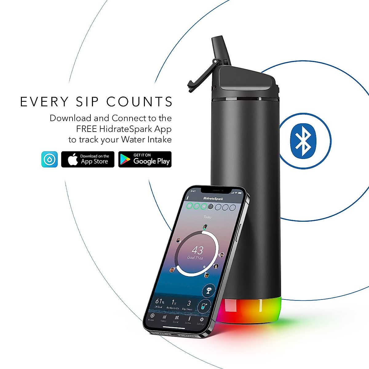 Hidrate Spark PRO Smart Water Bottle – Tracks Water Intake with Bluetooth, LED Glow Reminder When You Need to Drink – Straw Lid, 21oz, Black