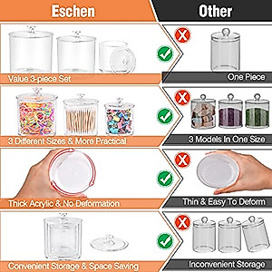 Eschen Apothecary Jars, 3 Pack Bathroom Storage Organizer, 28-oz 17-oz 9-oz Clear Acrylic Cotton Ball Holder with Lid for Qtip, Makeup Sponges, Flossers, Bath Salts, Swab Vanity Canister Dispenser