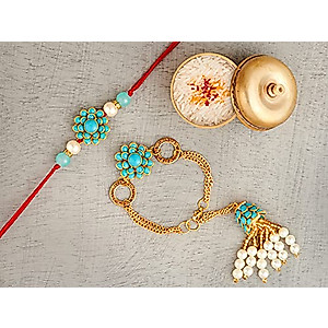 Rakhi For Brother and Bhabhi Traditional Flower Lumba Designer Fancy Bracelet on Rakshabandhan Traditional RKLM28 (Flower, Light Blue)