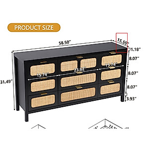 UHMUVFM 9 Drawer Dresser with Rattan Finish, Modern Farmhouse Chest of Drawers with Metal Handles, Accent Wood Storage Cabinet for Bedroom, Living Room and Kitchen (Black)