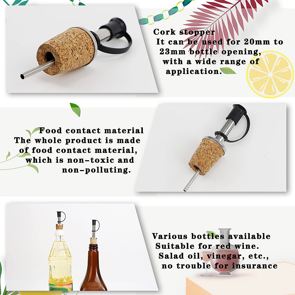 DOERDO 5pcs Stainless Steel Wine Pourers Wine Liquor Bottle Cork Stopper for Wine Olive Oil Coffee Syrup Vinegar Bottles