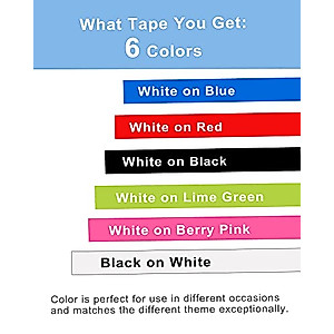 Aitaperste 6 Pack Tapes Compatible with Brother TZ TZe P Touch 12mm 0.47 Laminated Color Compatible with PT-D202 PT-H110 PTD2010, White/Black/Red/Blue/Lime Green/Berry Pink, 26.2 Feet Roll
