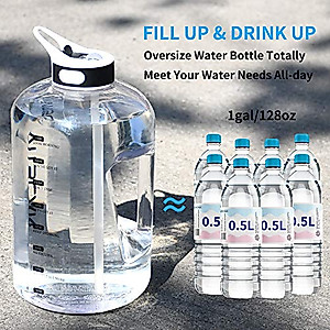 128OZ/1 Gallon Motivational Water Bottle with Time Marker, Large Jug for Sports, Two Handles BPA Free (white)