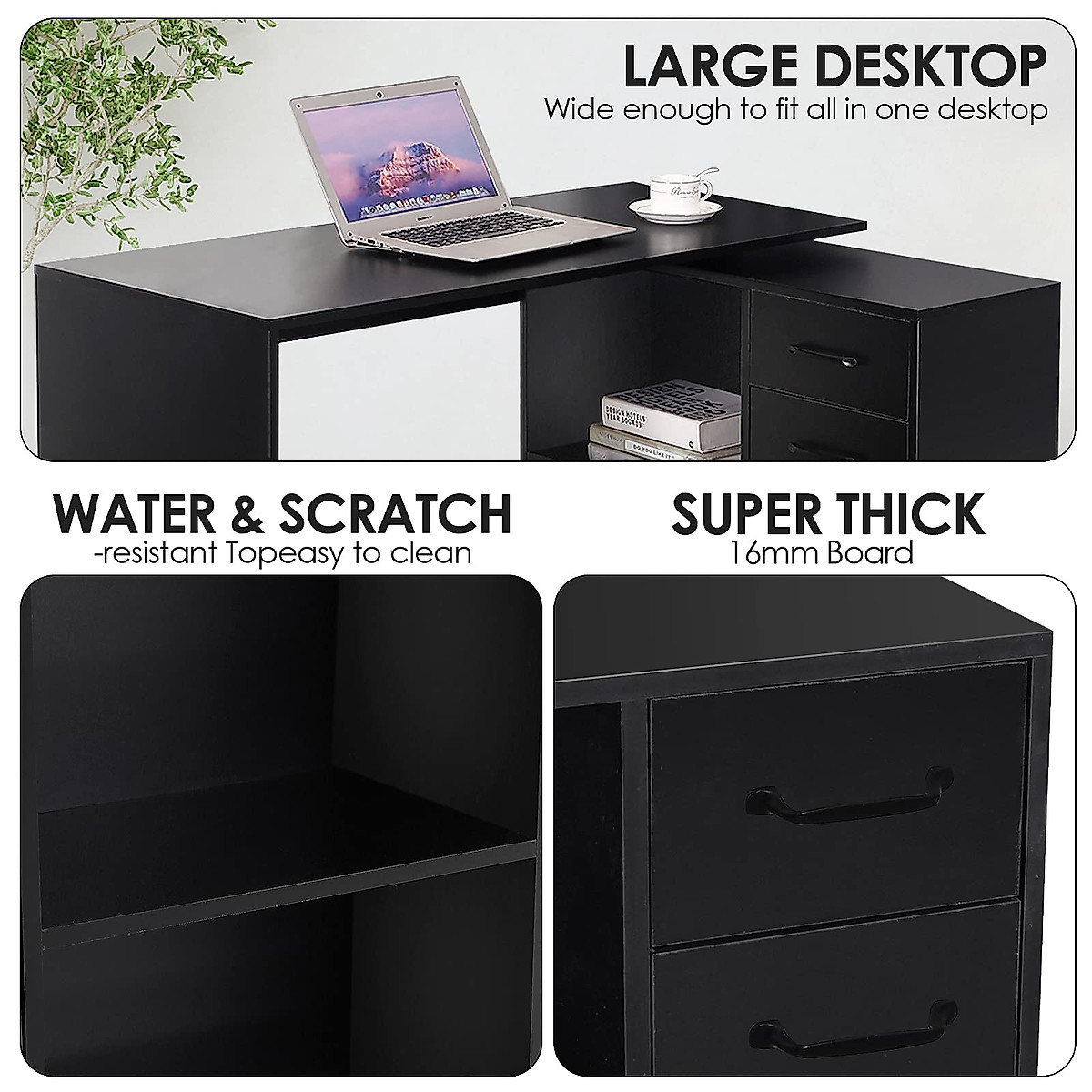 VANSPACE L-Shaped Rotating Computer Desk with Storage Shelves 68 inch Home Office Desk Corner with Drawers and File Cabinet Multipurpose Study Writing Table for Bedroom Small Space Black