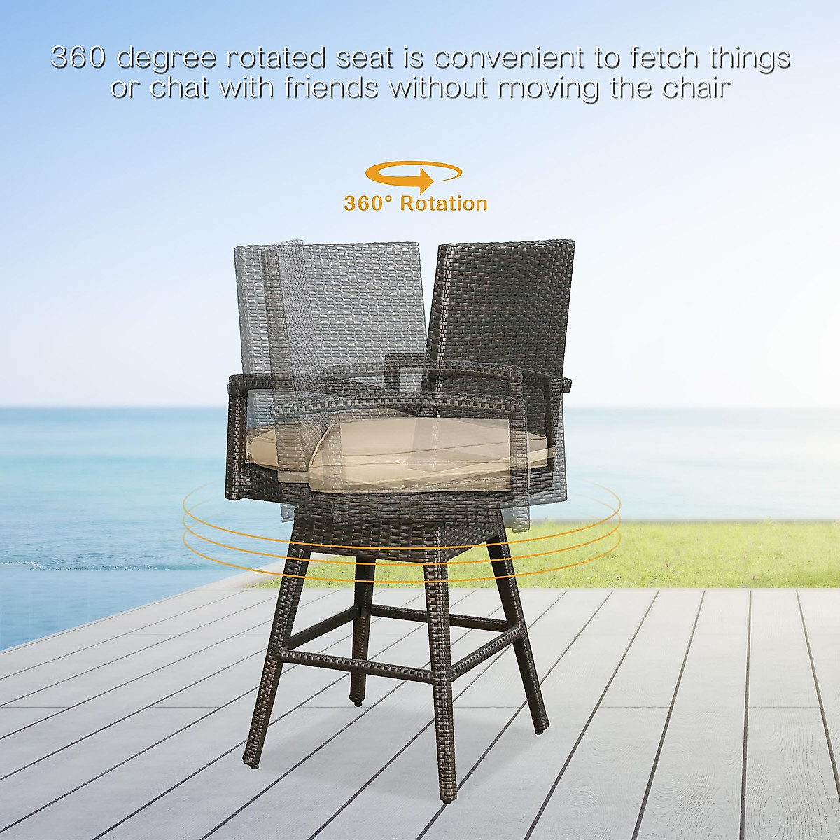 Patio Tree Outdoor Swivel Wicker Bar Chair with Soft Cushion, Steel Patio Bistro Stool