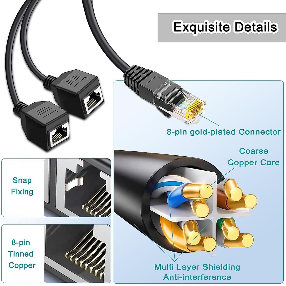 ukiism Ethernet Splitter 1 to 2, RJ45 Splitter LAN Starlink Ethernet Adapter Internet Cable Network Cable 1 Male to 2 Female Suitable Cat5, Cat5e, Cat6, Cat7 LAN Ethernet Socket Connector