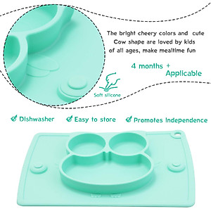 Silicone Divided Toddler Plates - Portable Non Slip Suction Plates Placemat for Children Babies and Kids BPA Free Baby Dinner Plate Bowl (Owl-Cyan)