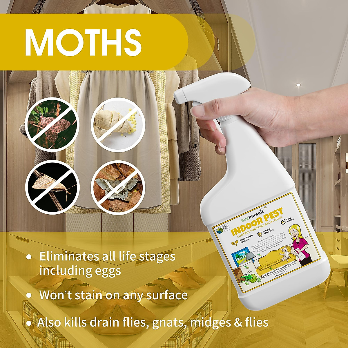 BugPursuit - 24oz Indoor Pest Control for Ant, Fly, Flea,Tick, Roach, Spider, Moth, Carpet Beetle and More, Plant Based Insect Killer for Home & Kitchen Use, Natural Solution, Pets & Family Safe