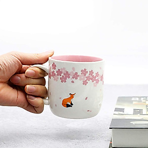Teagas Elegant Pink Cherry Blossom Fox Ceramic Fox Coffee Mug Cup, Gift for Friend Teacher Cousin