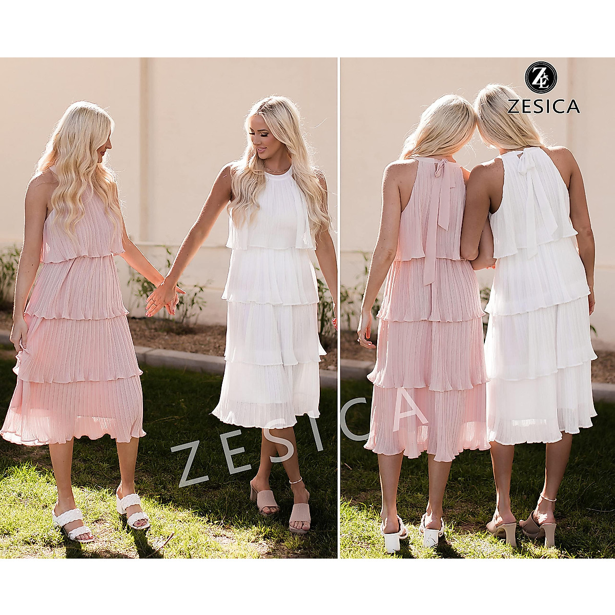 ZESICA Women's 2025 Summer Sleeveless Halter Neck Ruffle Tiered Layed Chiffon Flowy Swing Long Midi Dress,White,Small