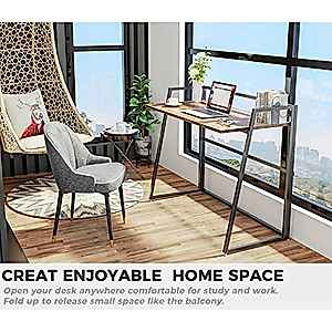 41 Inch Small Walnut & Black Folding Computer Desk, Sturdy Heavy Duty Foldable Table for Small Spaces Home Office Bedroom Outdoor Work Study Writing Collapsible Portable with Metal Legs, EPA Certified