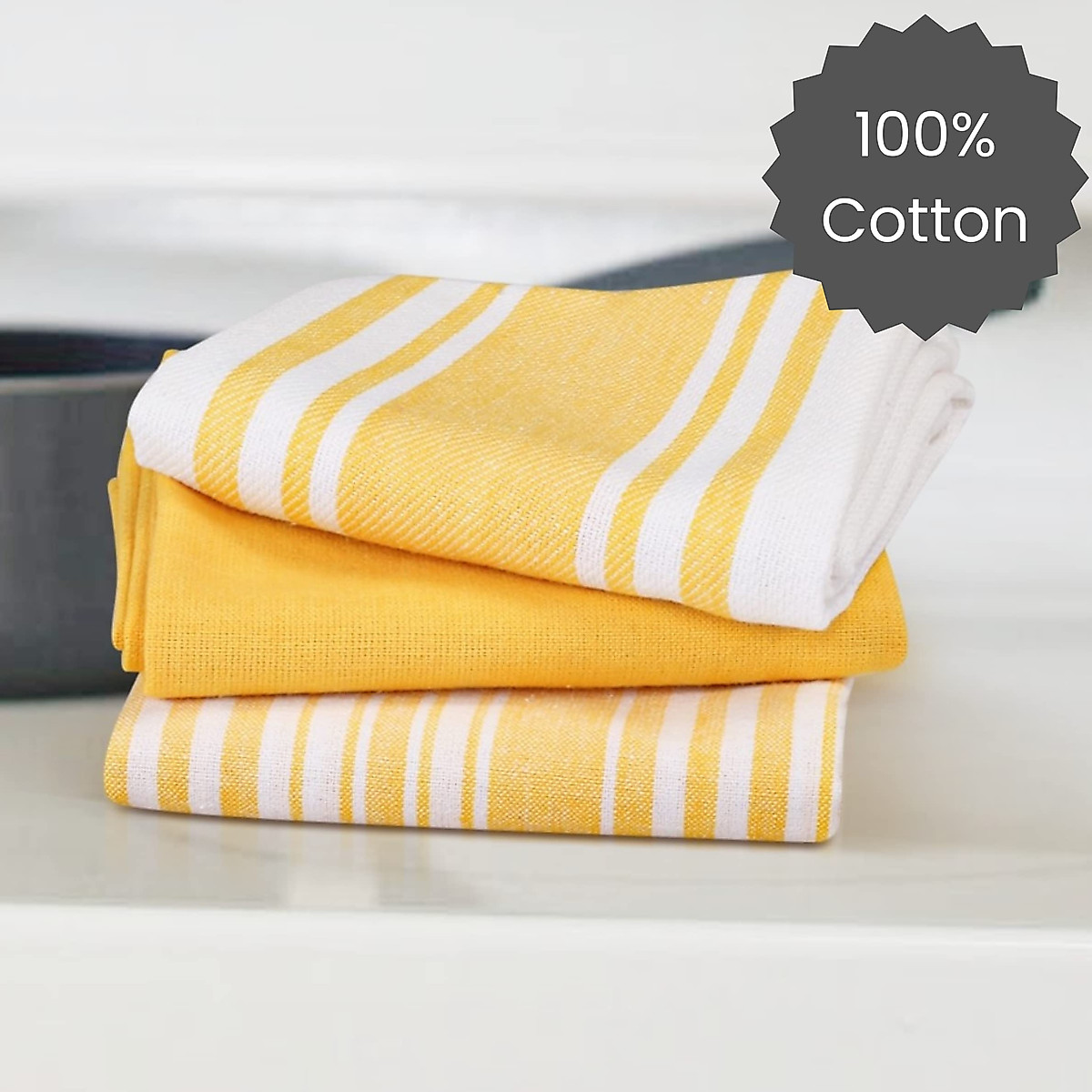 Cotton Clinic Assorted Kitchen Towels 5 Pack – Soft Absorbent Quick Drying Table & Kitchen Linen - Dish Towels, Dish Cloths, Tea Towel and Cleaning Towel with Hanging Loop – 16x28 / Yellow White