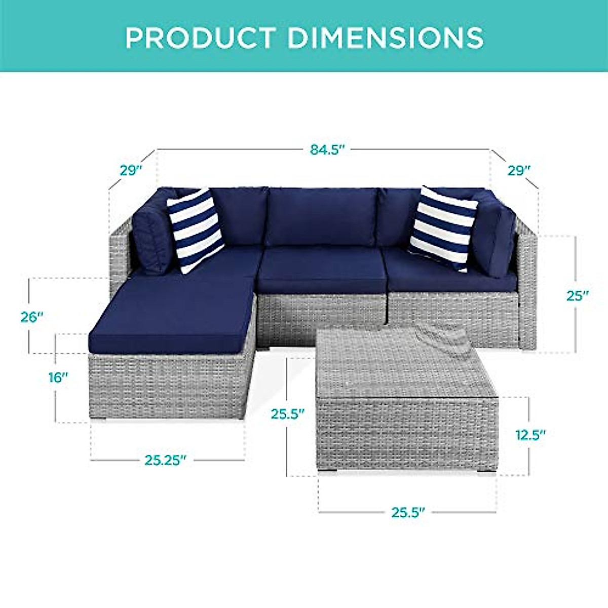 Best Choice Products 5-Piece Modular Conversation Set, Outdoor Sectional Wicker Furniture for Patio, Backyard, Garden w/ 3 Chairs, Ottoman Chair, 2 Pillows, 6 Seat Clips, Coffee Table - Gray/Navy