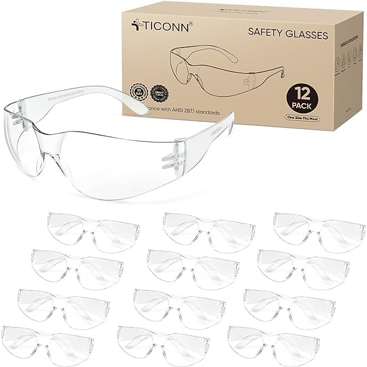 TICONN 12 Clear Safety Glasses for Men, Safety Goggles with Scratch Impact Resistant Meets ANSI Z87.1 Standard (12 Pack)
