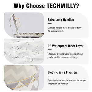 TECHMILLY Baby Laundry Basket with Long Handles, 63L Collapsible Kids Laundry Hamper, Toy Storage Basket for Nursery, Bedroom Decor for Girls and Boys (Grey Chevron)