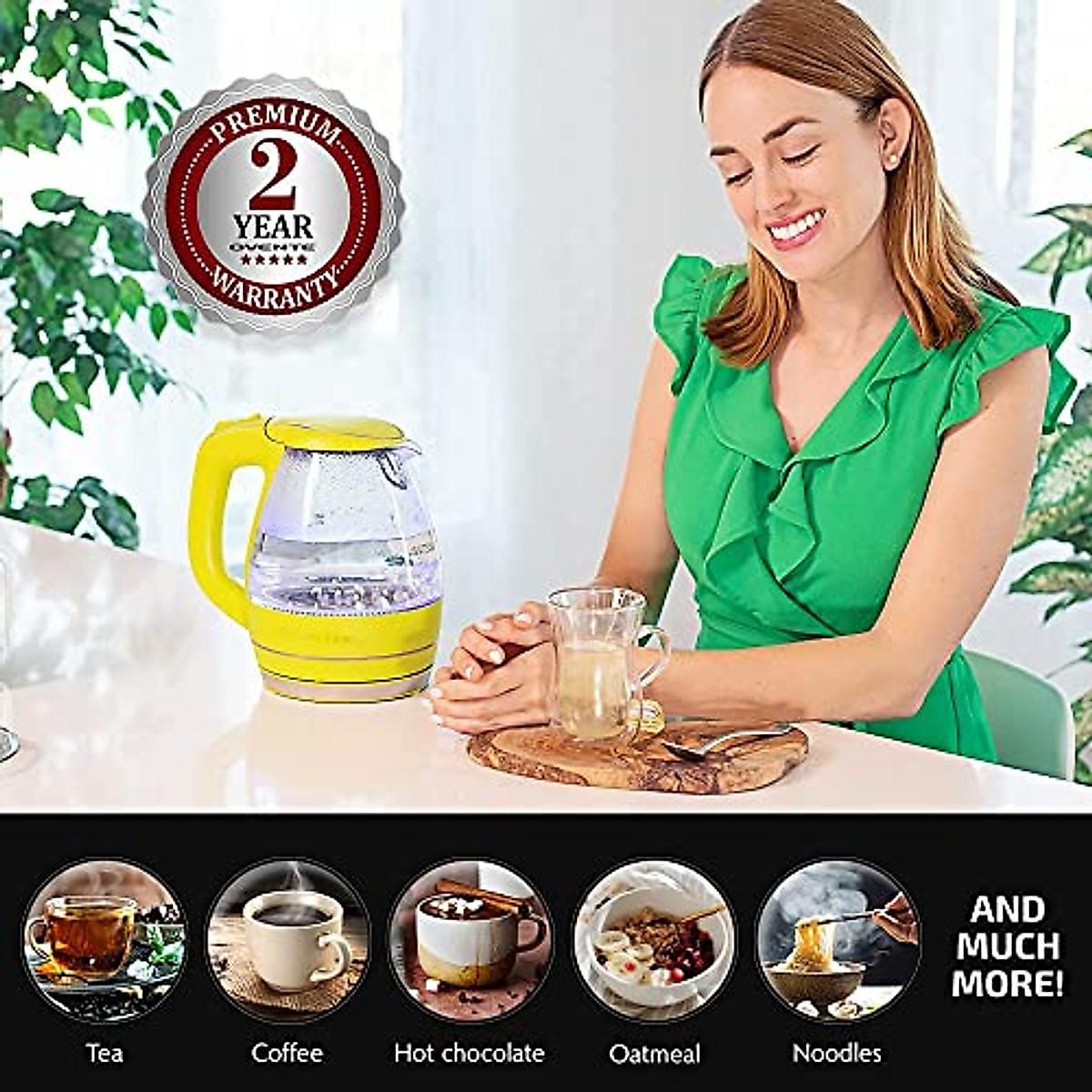 OVENTE Glass Electric Kettle Hot Water Boiler 1.5 Liter Borosilicate Glass Fast Boiling Countertop Heater - BPA Free Auto Shut Off Instant Water Heater Kettle for Coffee & Tea Maker - Green KG83G