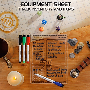 ENHANCE Tabletop Acrylic Character Sheet Set - Reusable 5e Dungeons and Dragons Character Sheets (Combat, Spell, Equipment) for All DND 5e Classes - Includes 3 Pages, Dry Erase Markers, Travel Pouch
